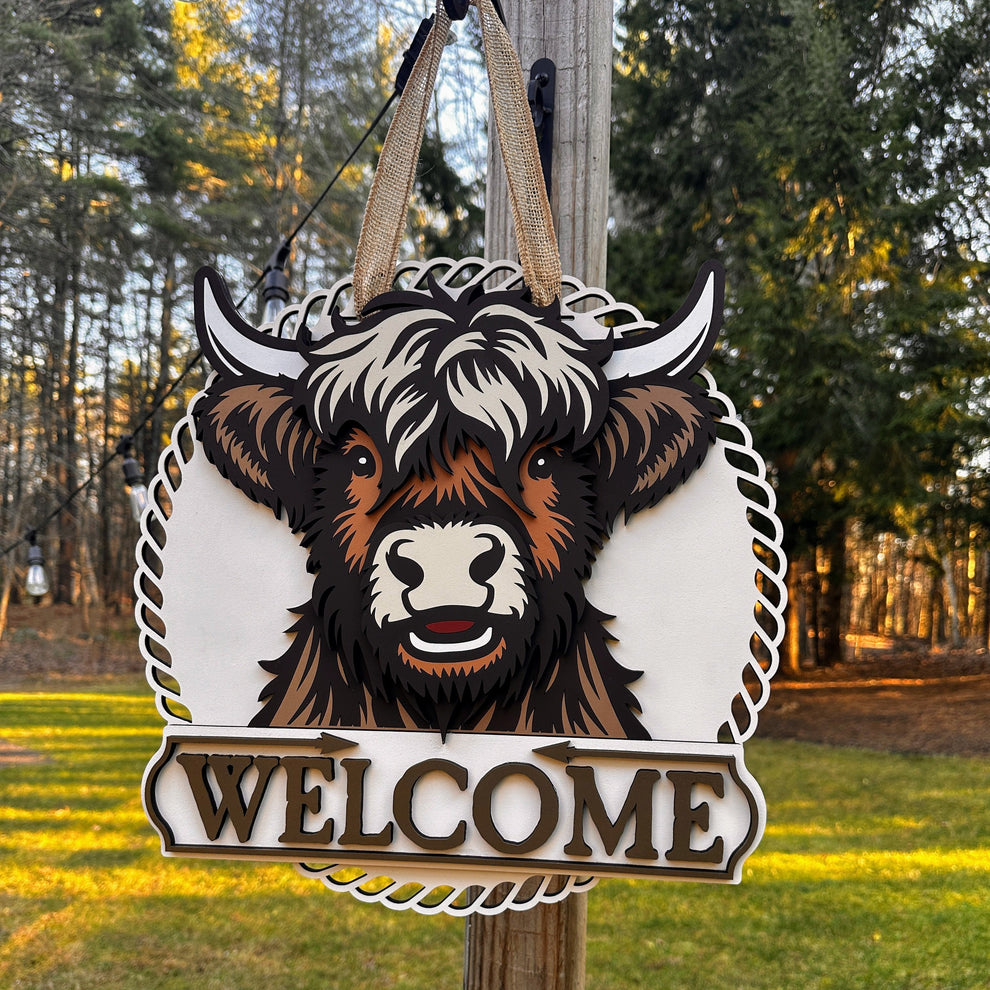 Highland Cow Welcome Sign – 3D Layered Farmhouse Décor 17" Diameter ...
